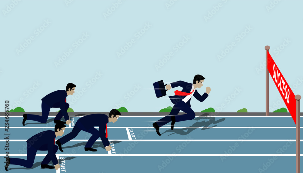 Businessmen run to the finish line to success in business Concept ...