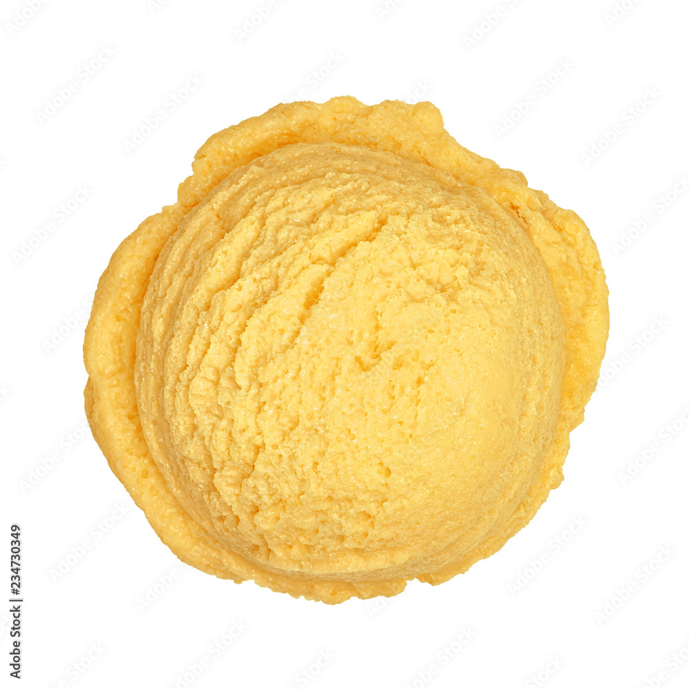 Mango ice cream scoop from top view isolated on white background. Stock ...