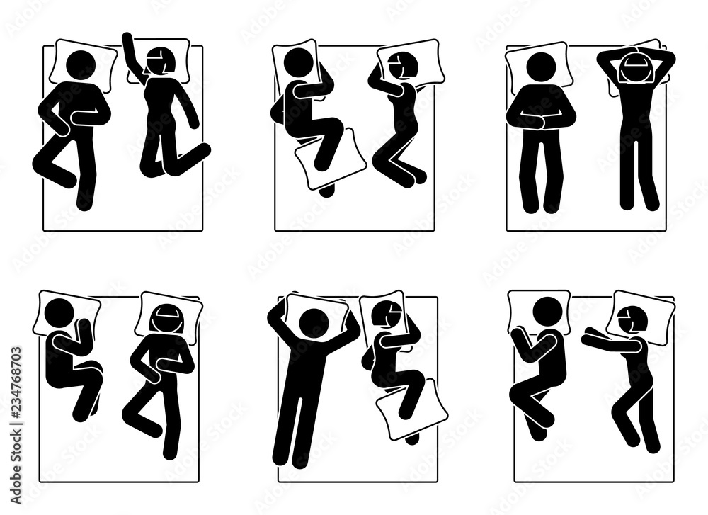 Stick figure different sleeping positions set. Man and woman laying in ...