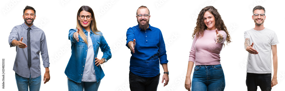 Collage of group of young casual people over isolated background ...