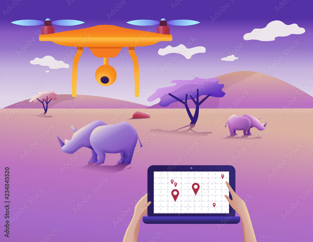 Drone or quadcopter for protecting wildlife. Vector illustration. Drone ...