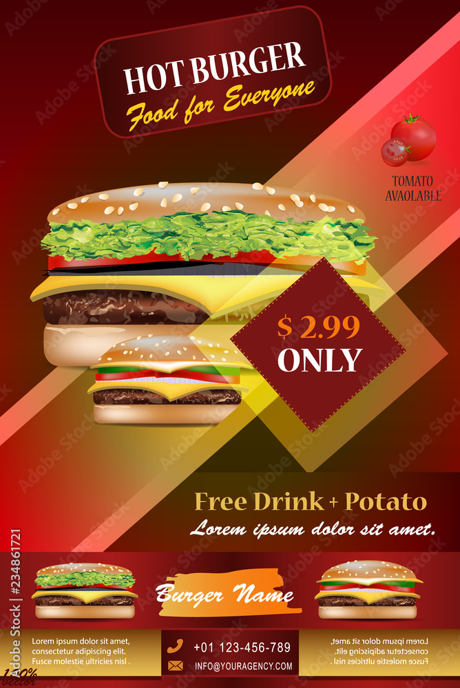 Grunge Cover for Fast Food with realistic burger. Restaurant Fast Foods ...