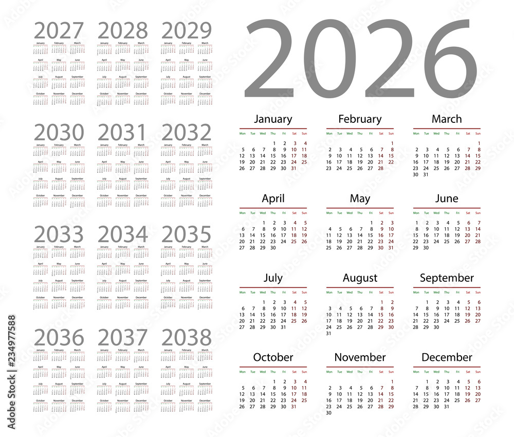 Simple calendar 2026 on white background. Vector illustration Stock ...