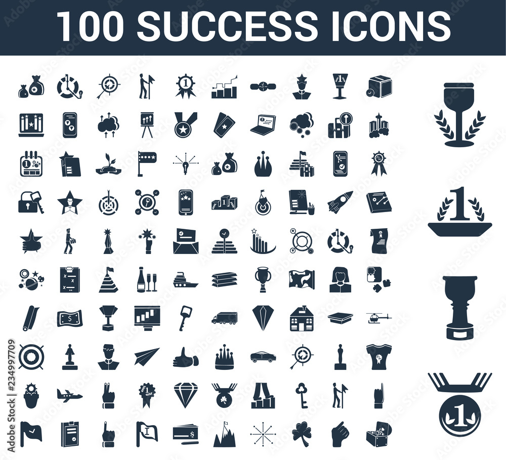 100 success universal icons set with Medal, Trophy, Box, Punch, Clover ...