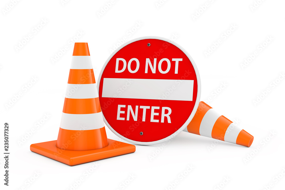 Road Repair Concept. Traffic Cones with Red Do Not Enter Sign Board. 3d ...