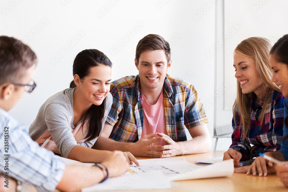 education, architecture and people concept - group of smiling students ...