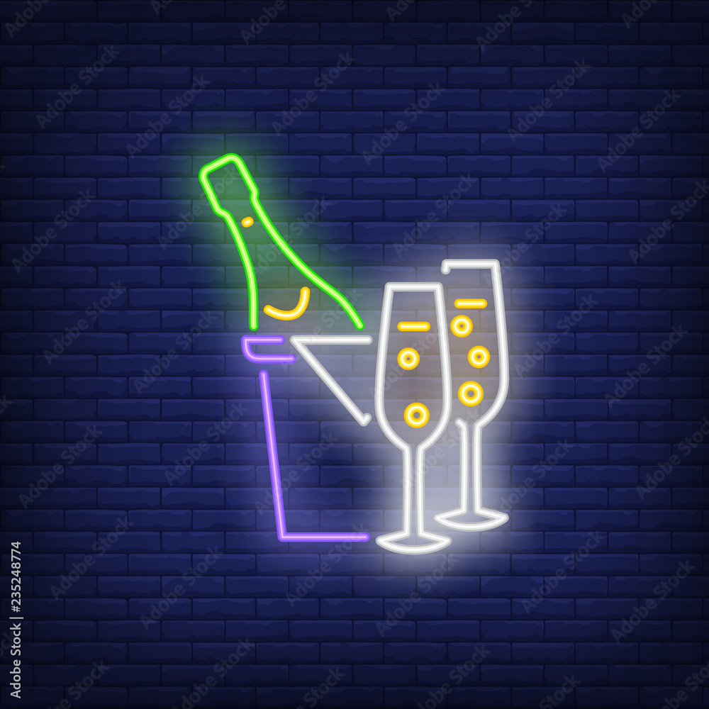 Champagne bottle in bucket and goblets neon sign. Christmas party or ...