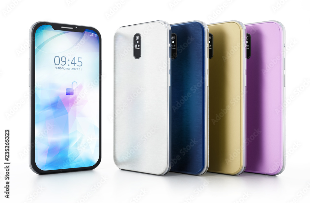 Smartphone with various color choices. Generic wallpaper on the display ...