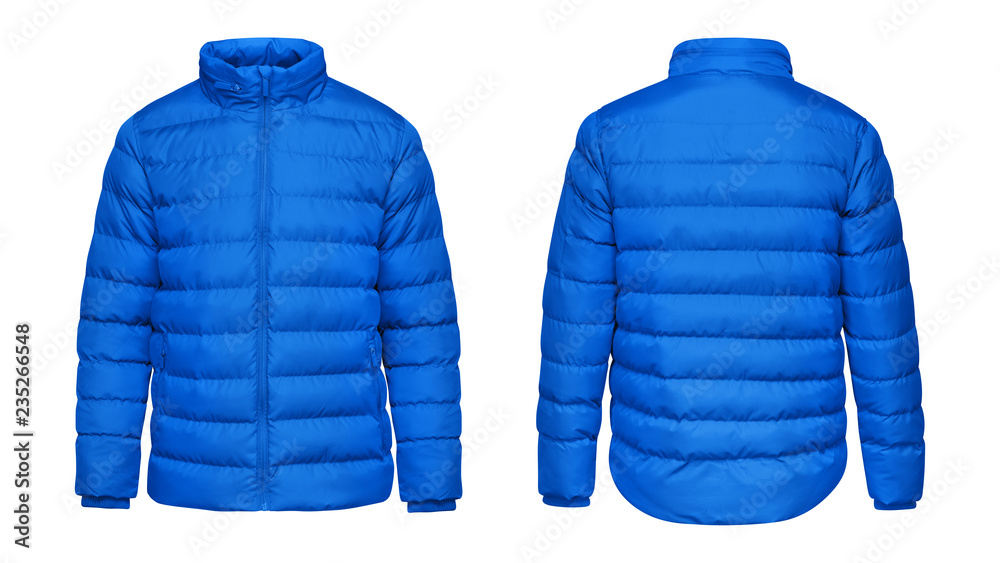 Blank template blue down jacket with zipped, front and back view ...