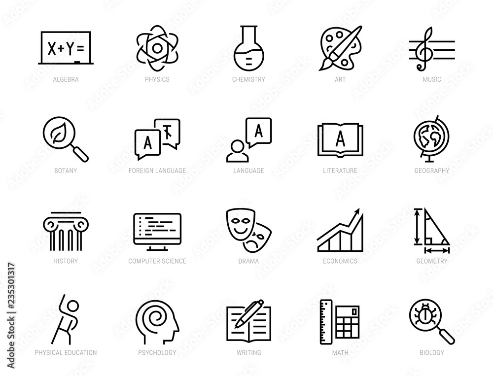 School subjects vector icon set in thin line style Stock Vector | Adobe ...