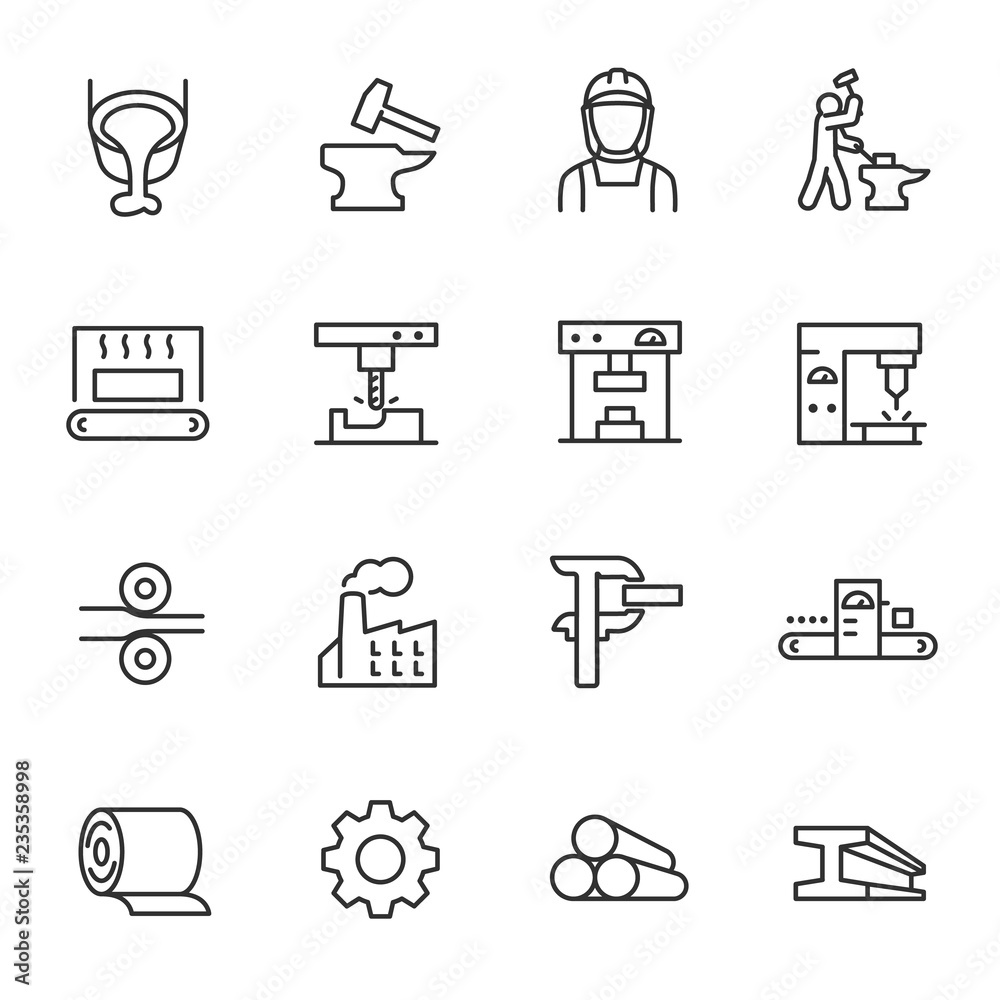 Metallurgy, icon set. Metal production industry, linear icons ...