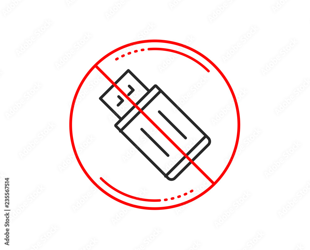 No or stop sign. USB flash drive line icon. Memory stick sign. Portable ...
