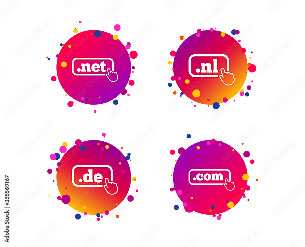 Top-level internet domain icons. De, Com, Net and Nl symbols with hand ...