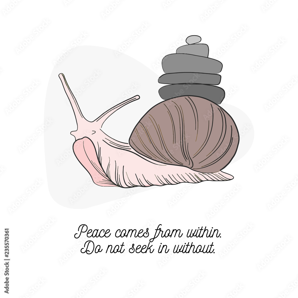 Vector slime mollusk with stone pyramid. Keep calm quote. Snail nature ...