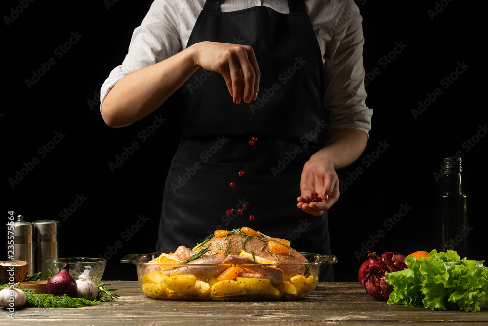 Cooking chef duck sprinkle with grains of pomegranate frozen ...