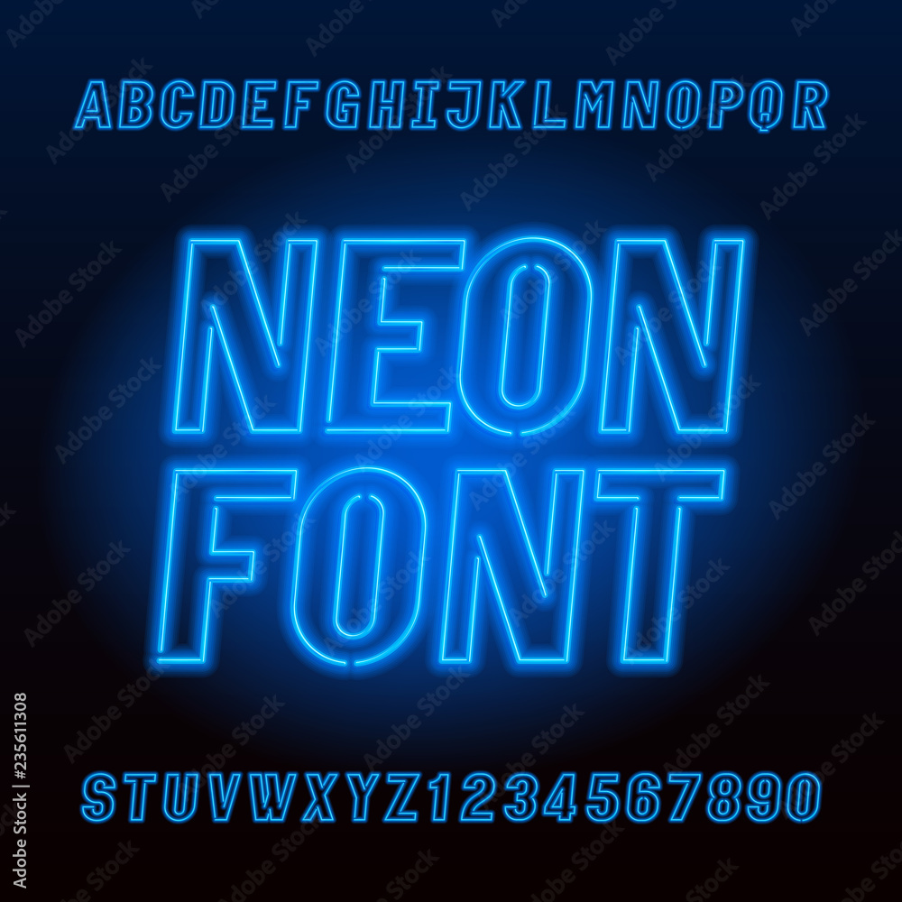 Blue neon tube alphabet font. Neon color oblique capital letters and ...