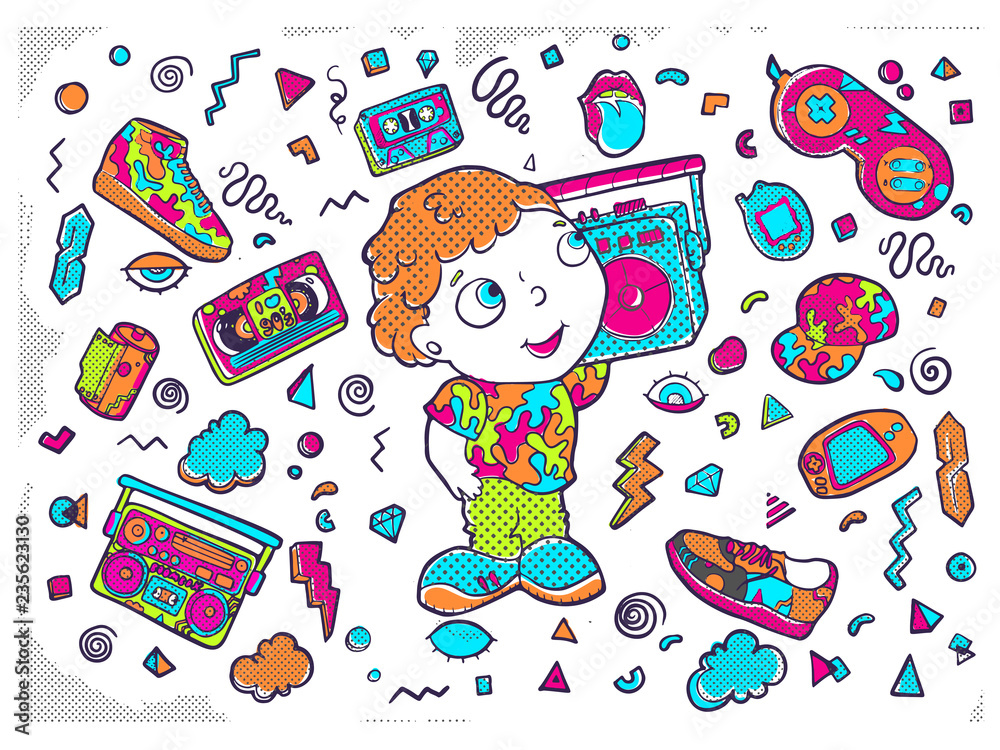 Boys patches collection, lips, tape recorder and other elements ...