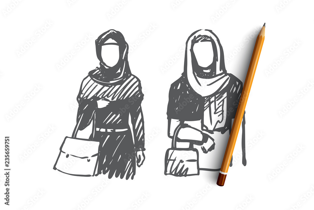 Muslim woman, Arab, Islam, hijab concept. Hand drawn isolated vector ...