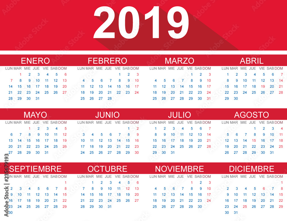 Calendario 2019 en español - Flat design Stock Vector | Adobe Stock