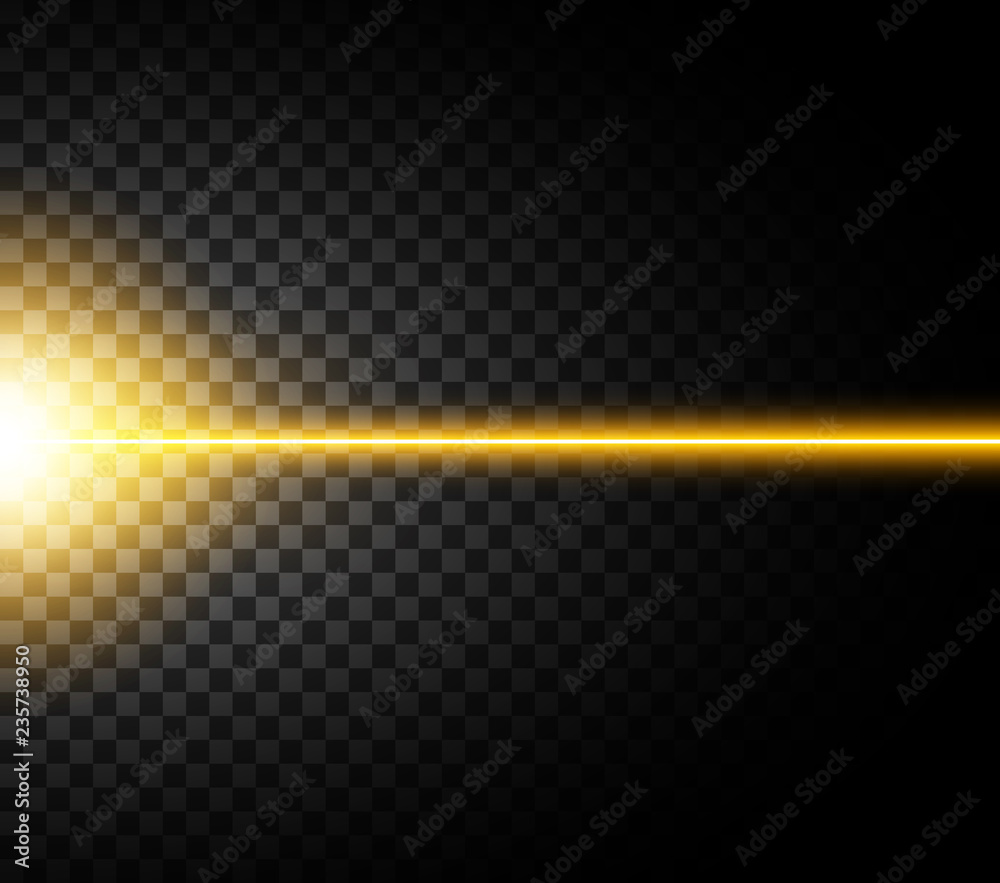 Abstract yellow laser beam. Isolated on transparent black background ...