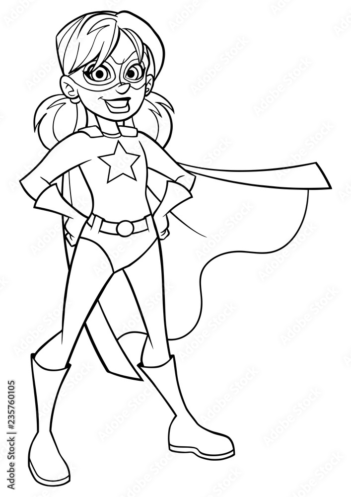 Line art full length illustration of super heroine girl smiling happy ...