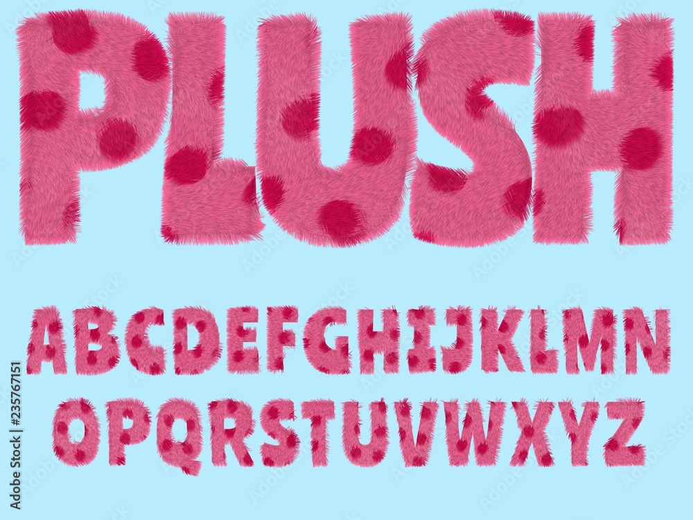 Alphabet letter set with dots and fluffy pink plush texture on blue ...