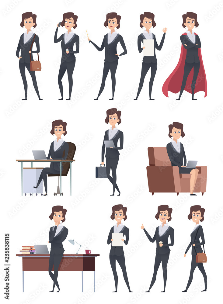 Female business characters. Company office workers action pose making ...