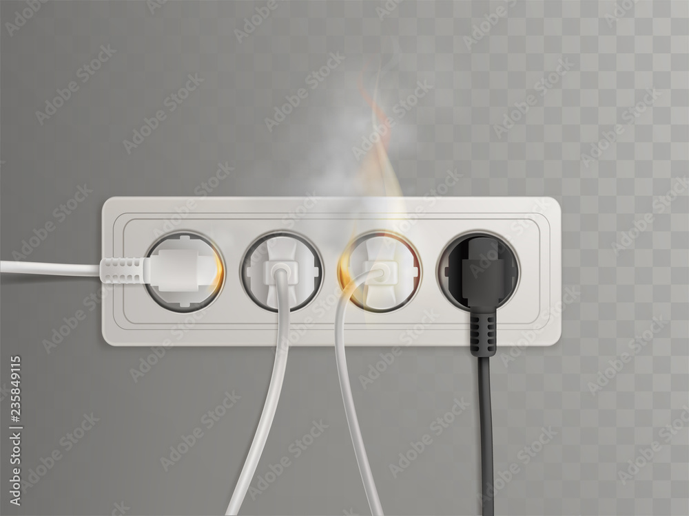 Flaming power plugs in horizontal electrical socket realistic vector ...