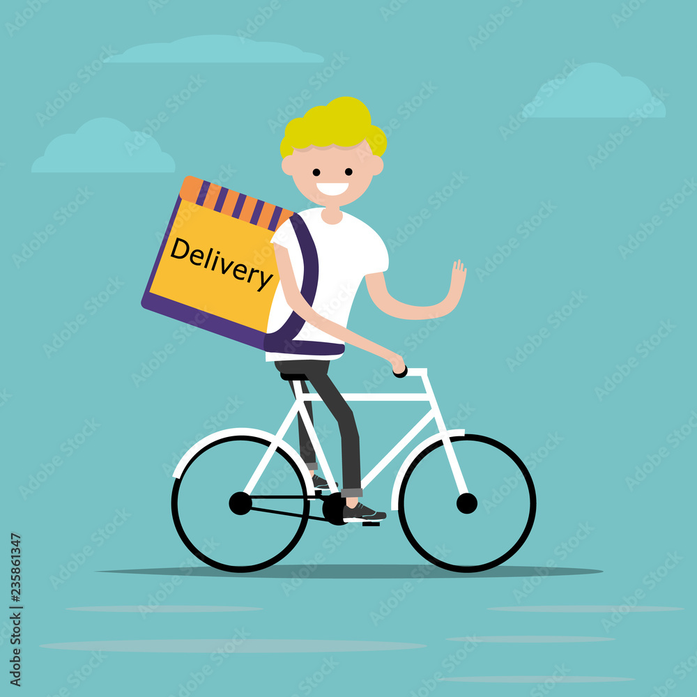 bicycle delivery character with parcel box on the back. Ecological city ...
