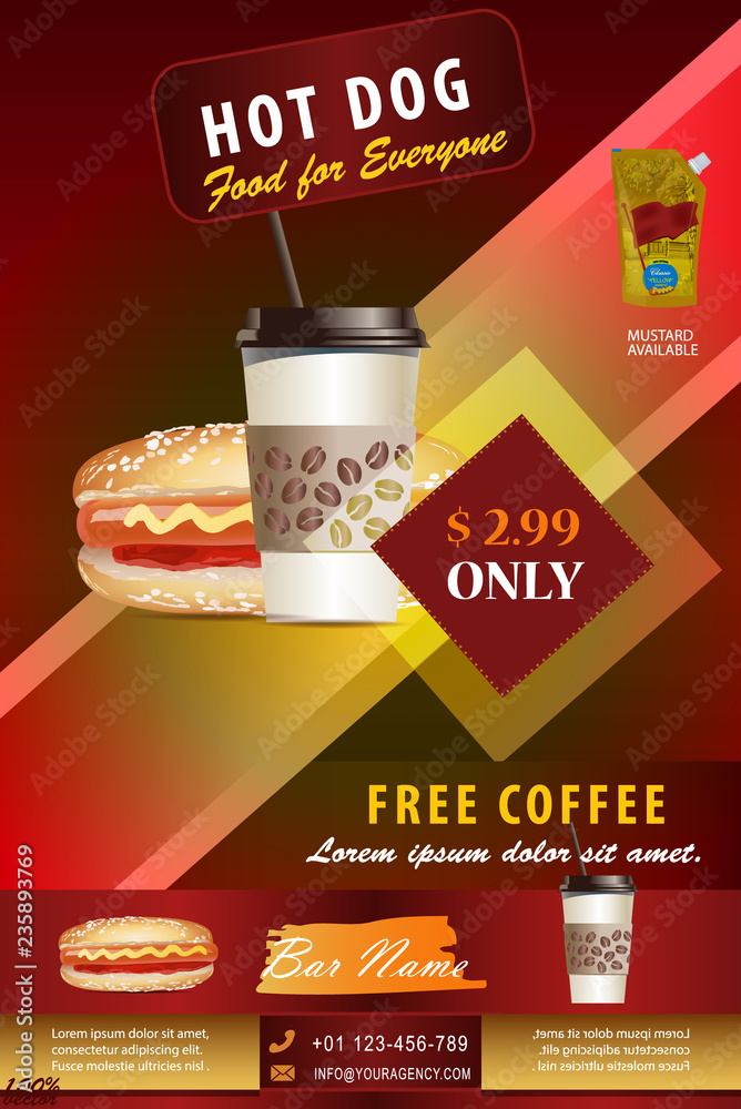 Grunge Cover for Fast Food with realistic hot dog and coffee cup ...