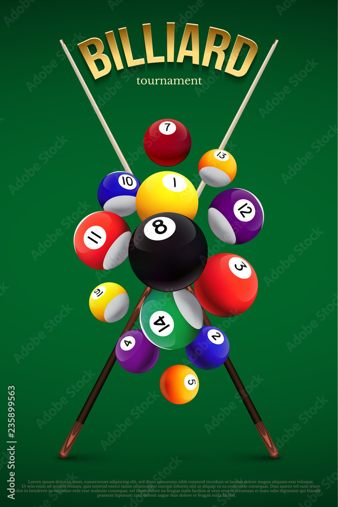 Billiard tournament poster template. Different falling billiard balls ...
