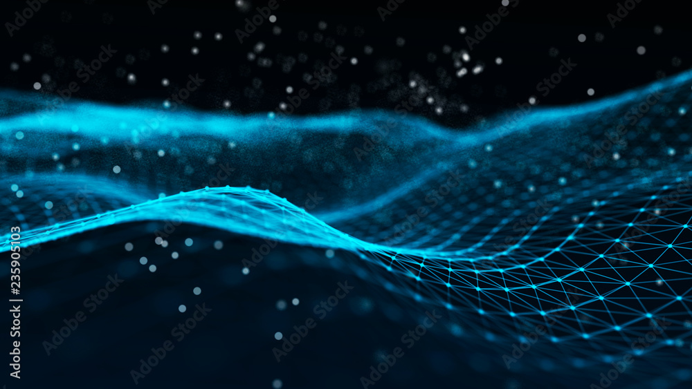 Abstract polygonal space. Network connection structure. Dark background with connecting dots and ...