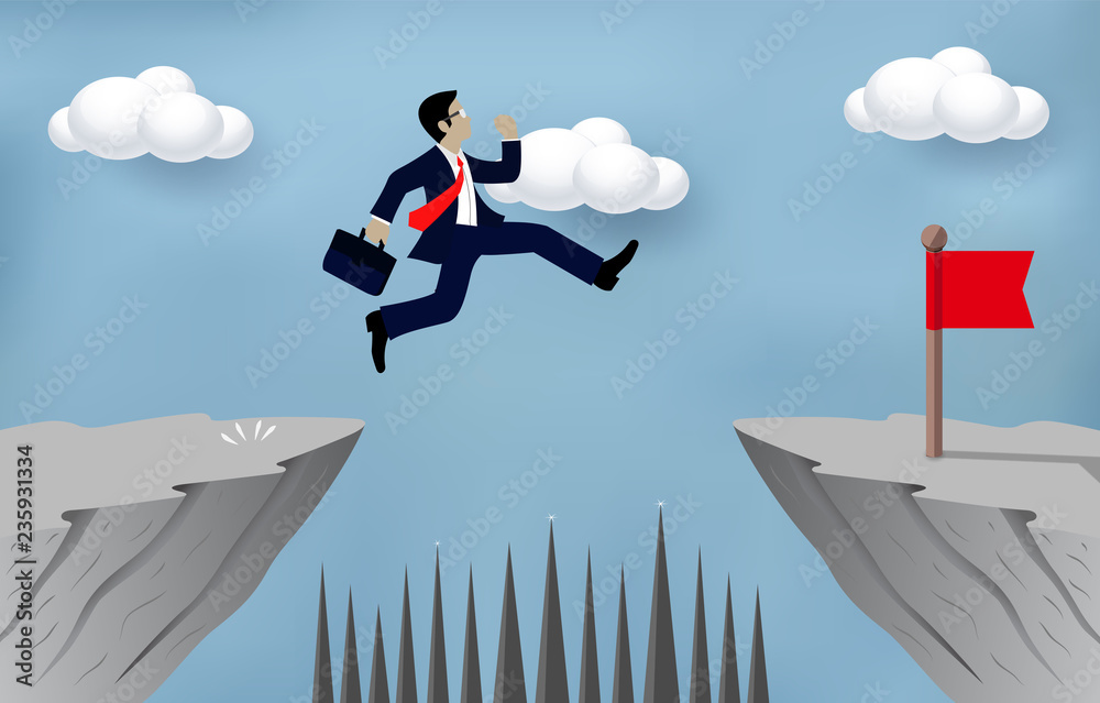 Businessman jumping over obstacles over chasm Go to the opposite goal ...
