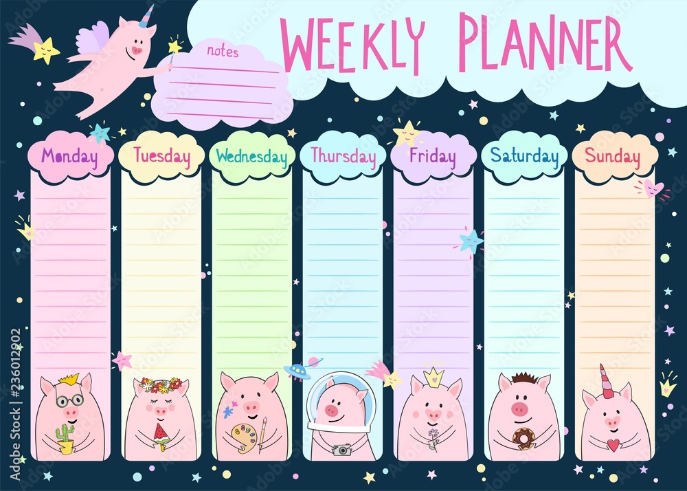 Weekly planner with cute pig characters in cartoon style. Kids schedule ...