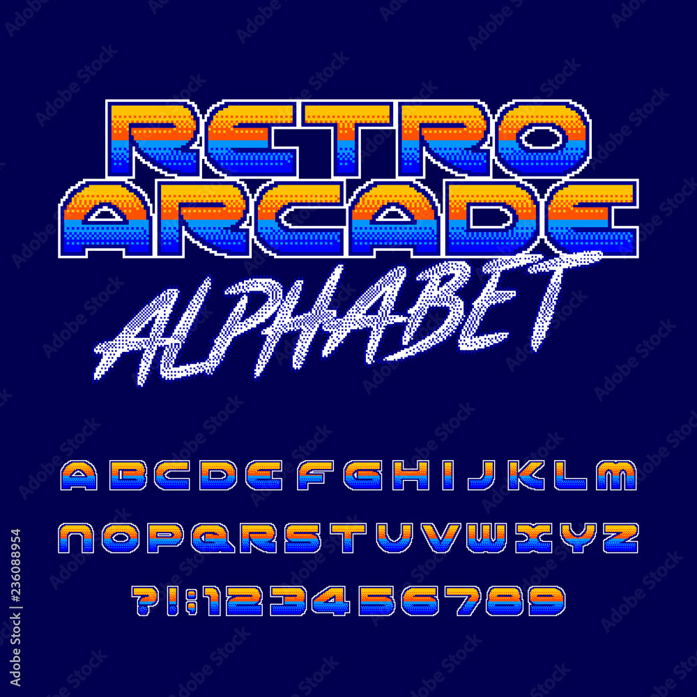 Retro arcade alphabet font. Pixel gradient letters and numbers. 80s ...