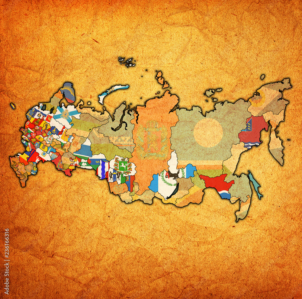 flags of oblasts on administration map of russia Stock Illustration ...