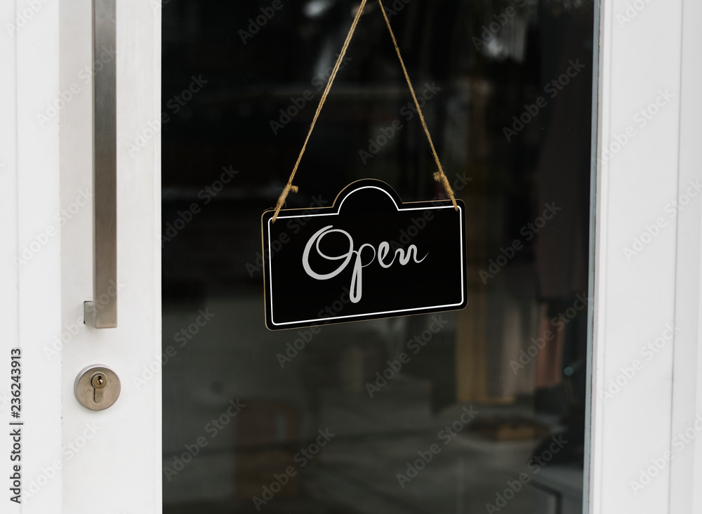 Open, wooden door sign mockup Stock Photo | Adobe Stock