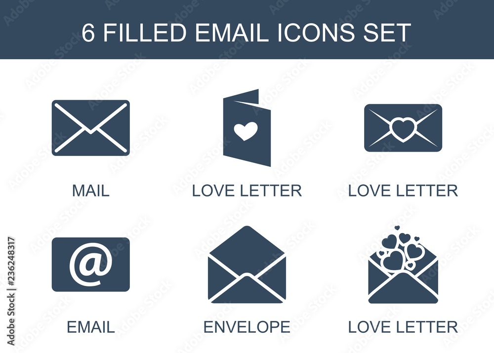 email icons. Set of 6 filled email icons included mail, love letter ...