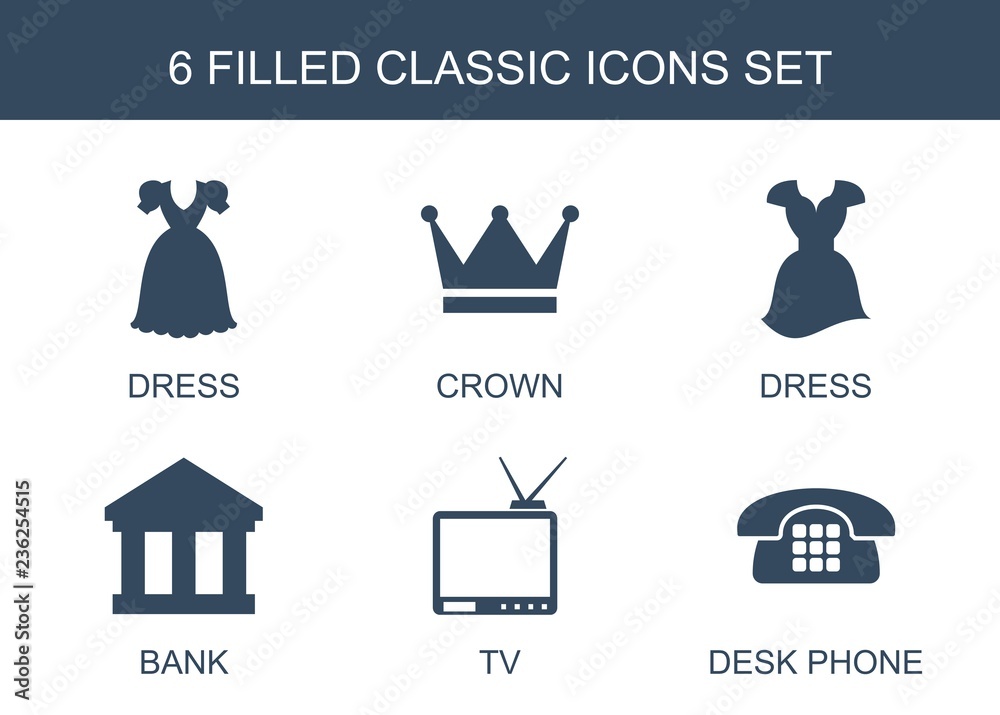 classic icons. Set of 6 filled classic icons included dress, crown ...
