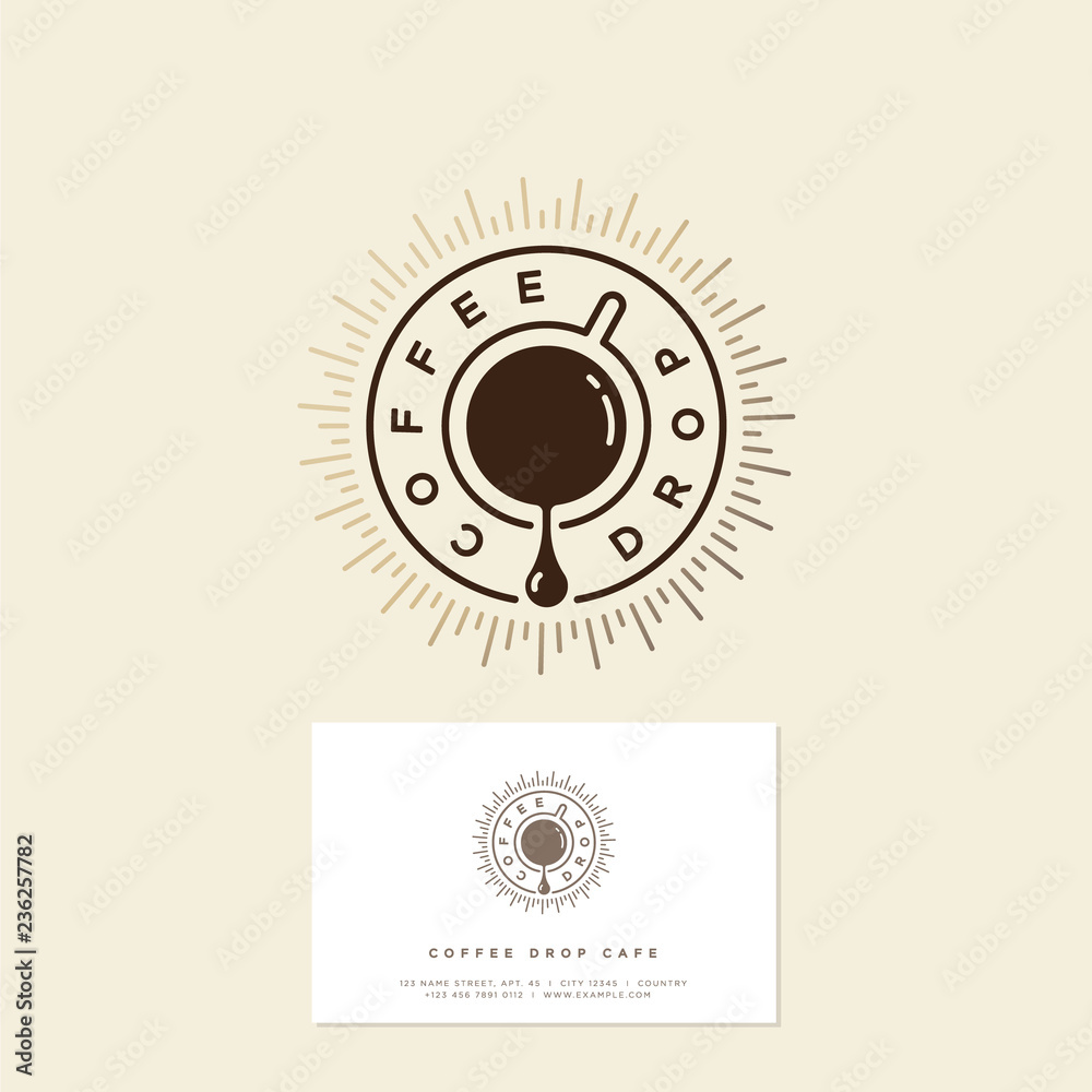 Coffee drop cafe logo. Coffee emblem. Coffee drop and a cup of coffee with gold sunrays. Hipster ...