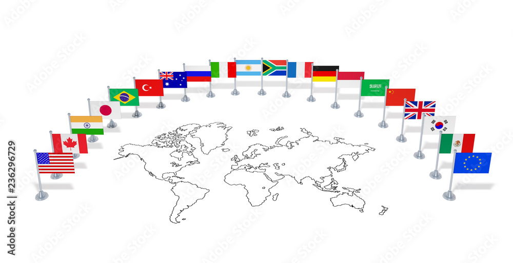G20 summit (economic political concept). Flags of twenty member ...