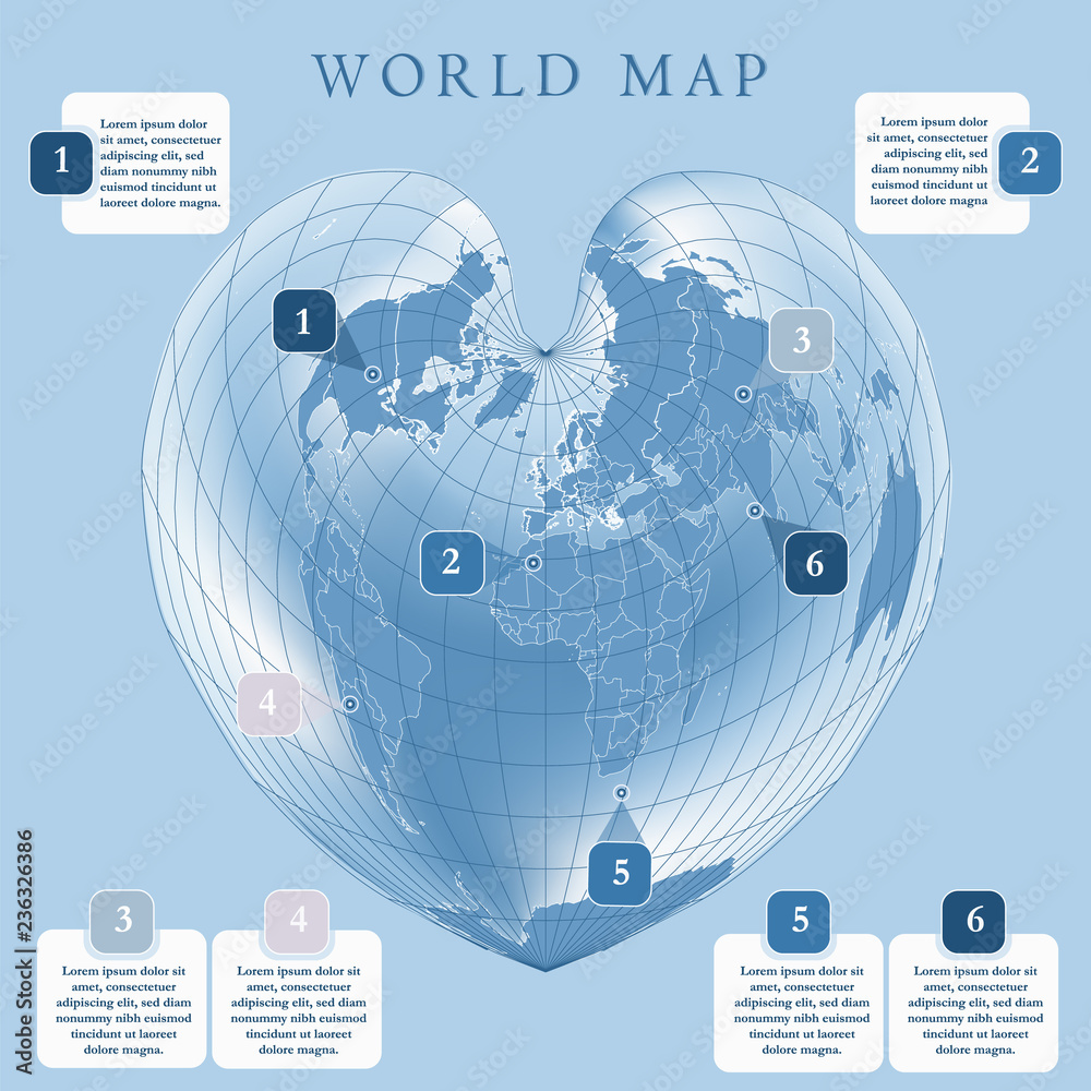 World map with countries boundary, grid and label. Bonne projection. 3d ...
