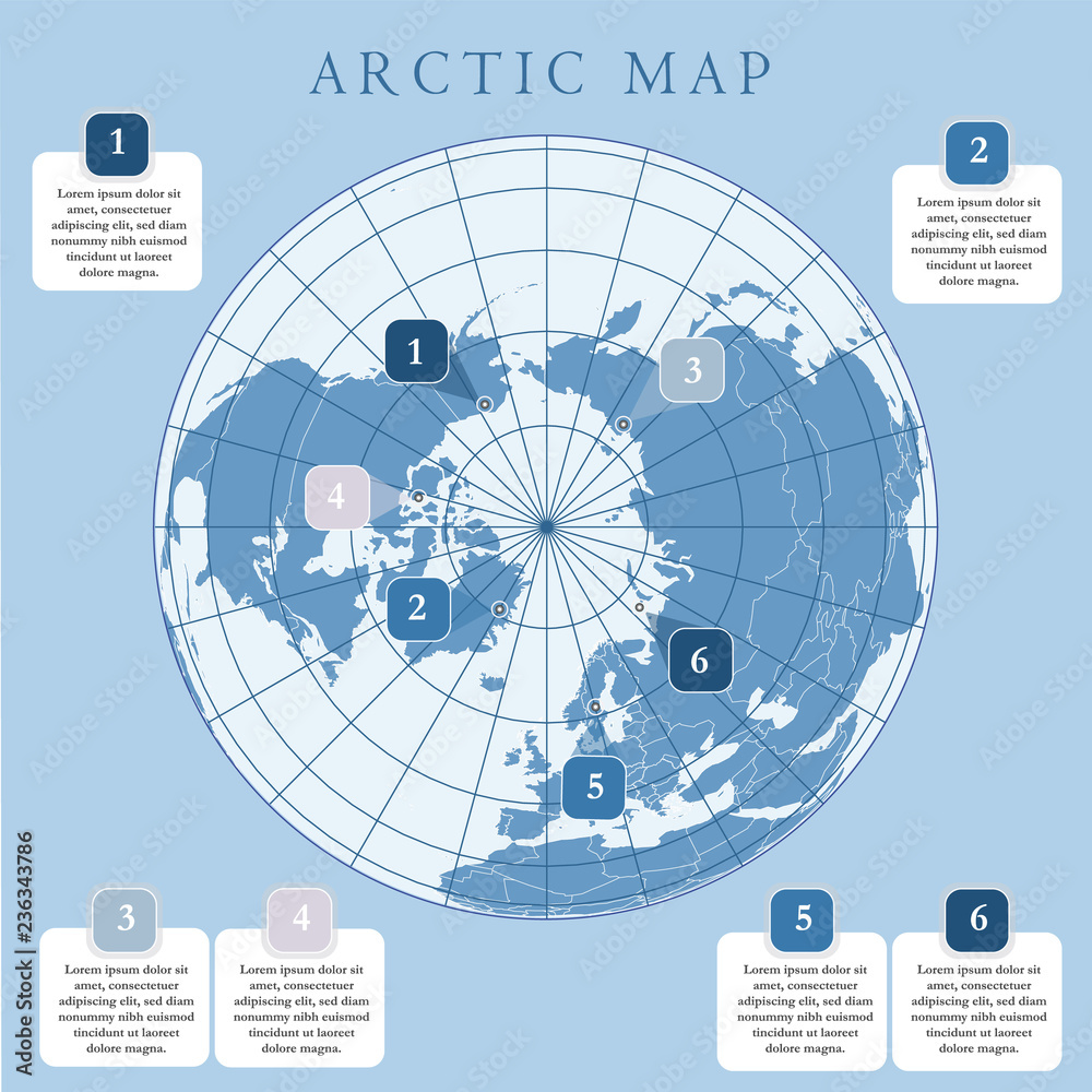 Arctic map with countries boundary, grid and label. Arctic regions of ...