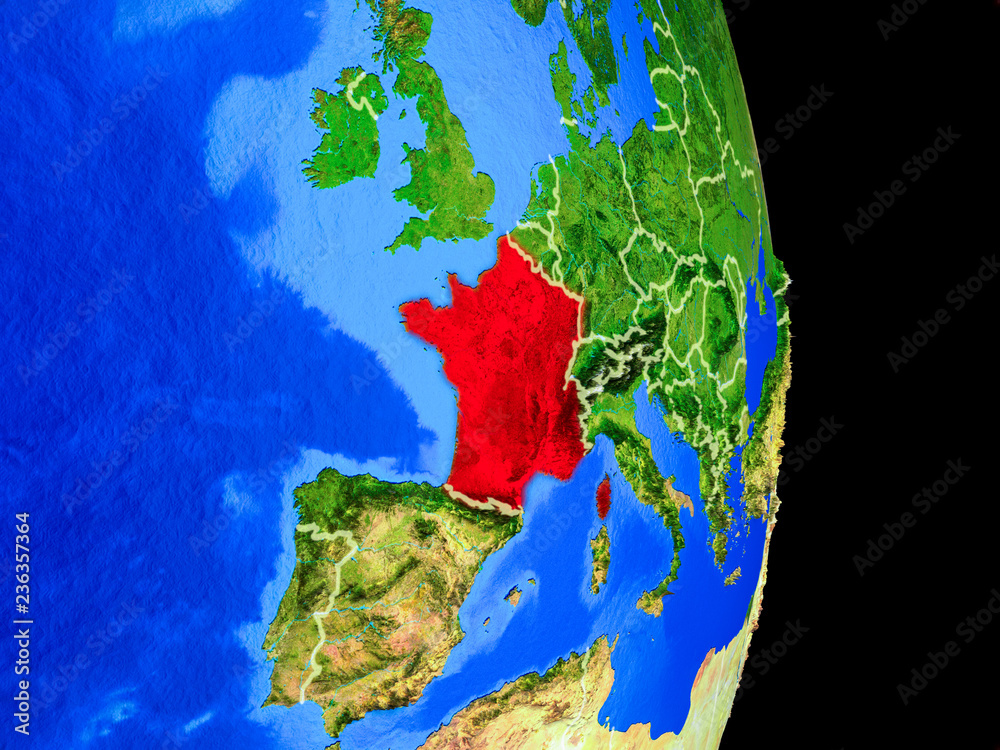 France on realistic model of planet Earth with country borders and very ...