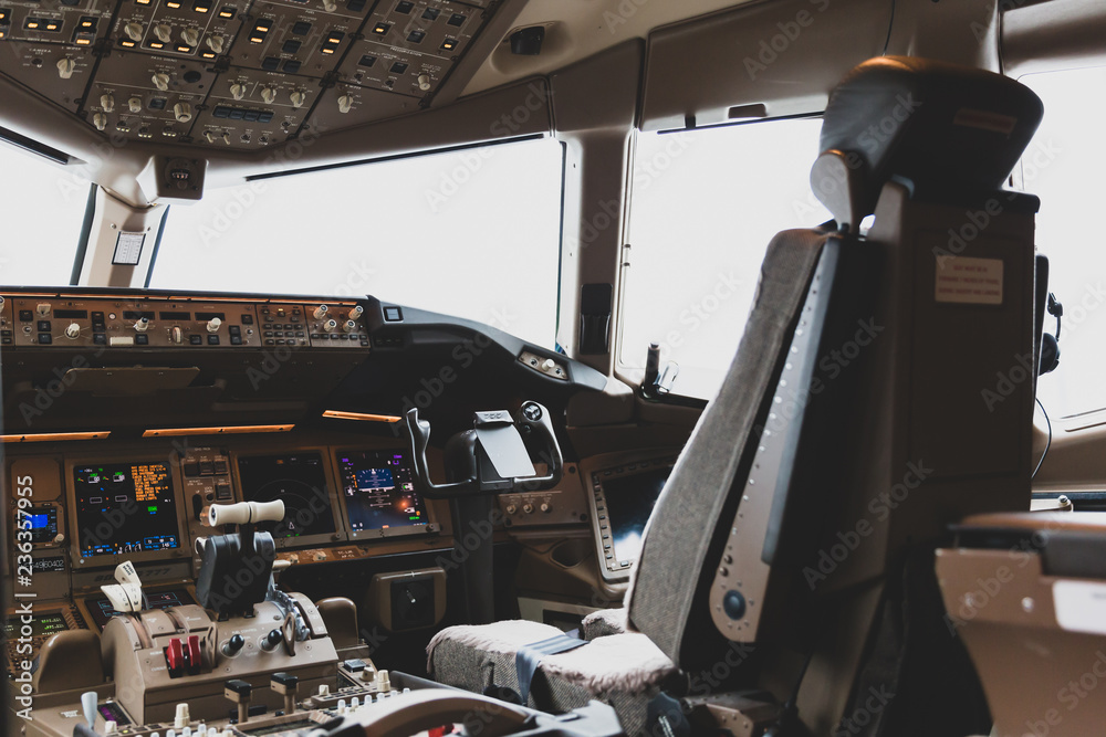Inside of a cockpit, aircraft interior, cockpit view, pilot place ...