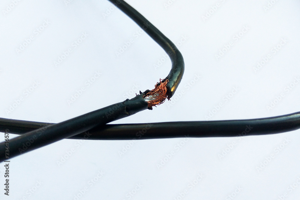 Damaged black electric cord on white background. Dangerous broken power ...