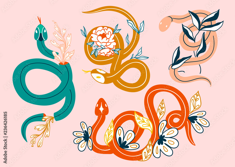 Snakes and flowers. Hand drawn colored vector set. Pink background. All ...
