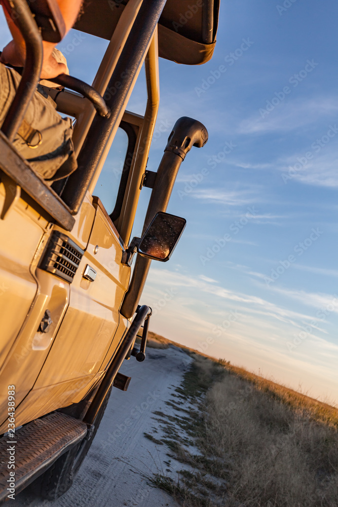 safari road trip across africa kalahari in an offroad vehicle Stock ...