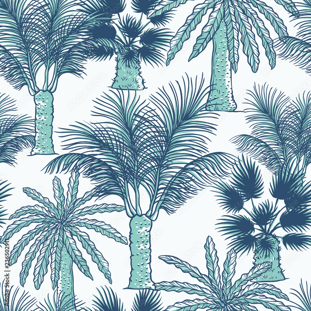 Vector seamless pattern of palmtrees. Different kinds of tropical palm ...