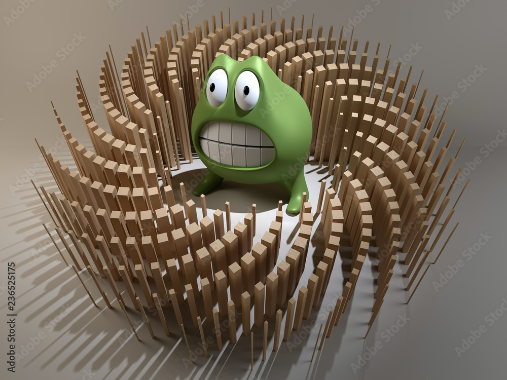 Little Green Frog trapped behind geometric fence, 3d cartoon ...
